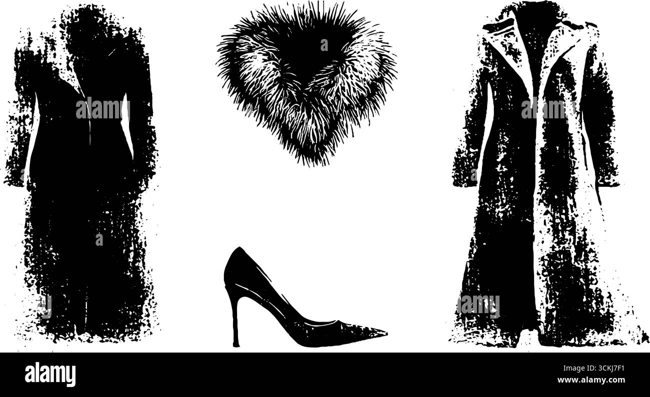 Vintage black and white fashion stencil set with coat, fur collar, and ...