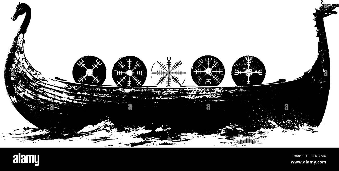 Viking longship with shields stencil black and white illustration for ...