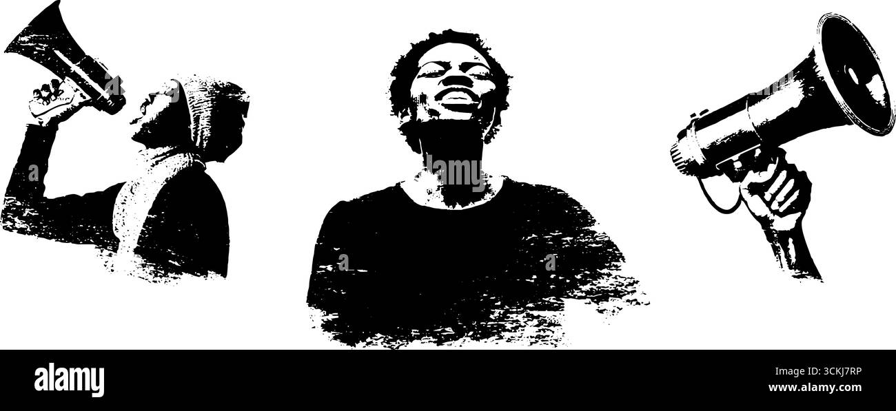 Dynamic black and white protest stencil art set featuring megaphones ...