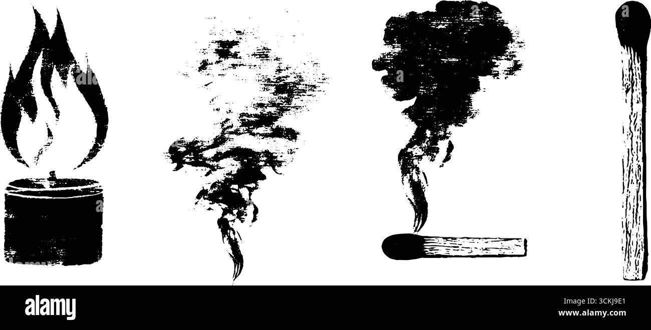 Black and white stencil illustration set featuring fire and smoke ...
