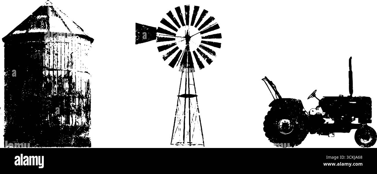 Rural farming elements stencil art set with windmill, silo and tractor ...