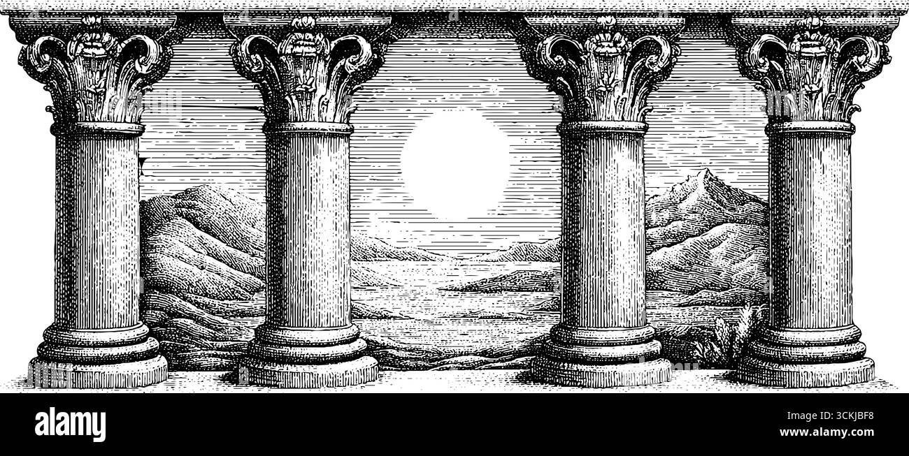 Doric columns framing a serene sunrise over distant mountains for ...
