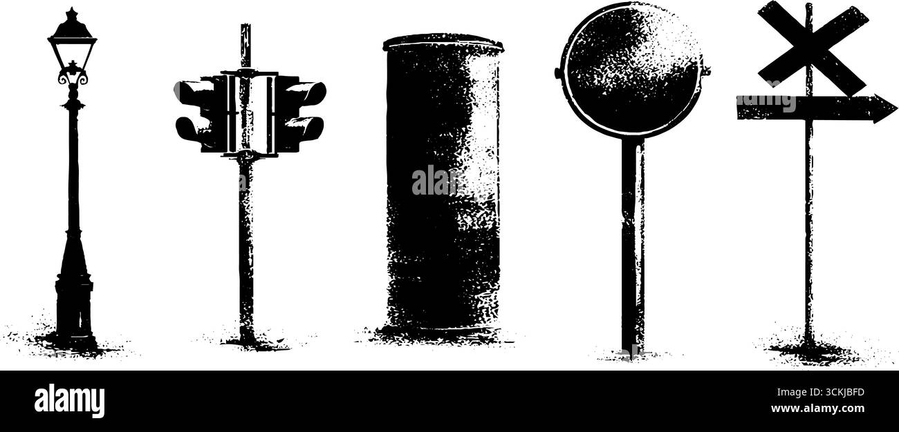 Urban street objects stencil set in black and white for art and design ...