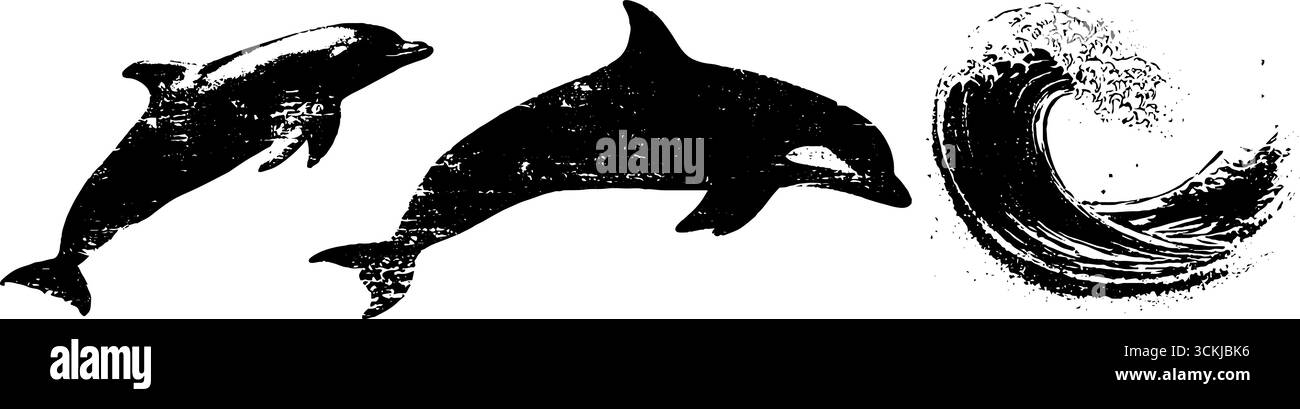 Black and white dolphin and wave stencil set for ocean themed designs ...