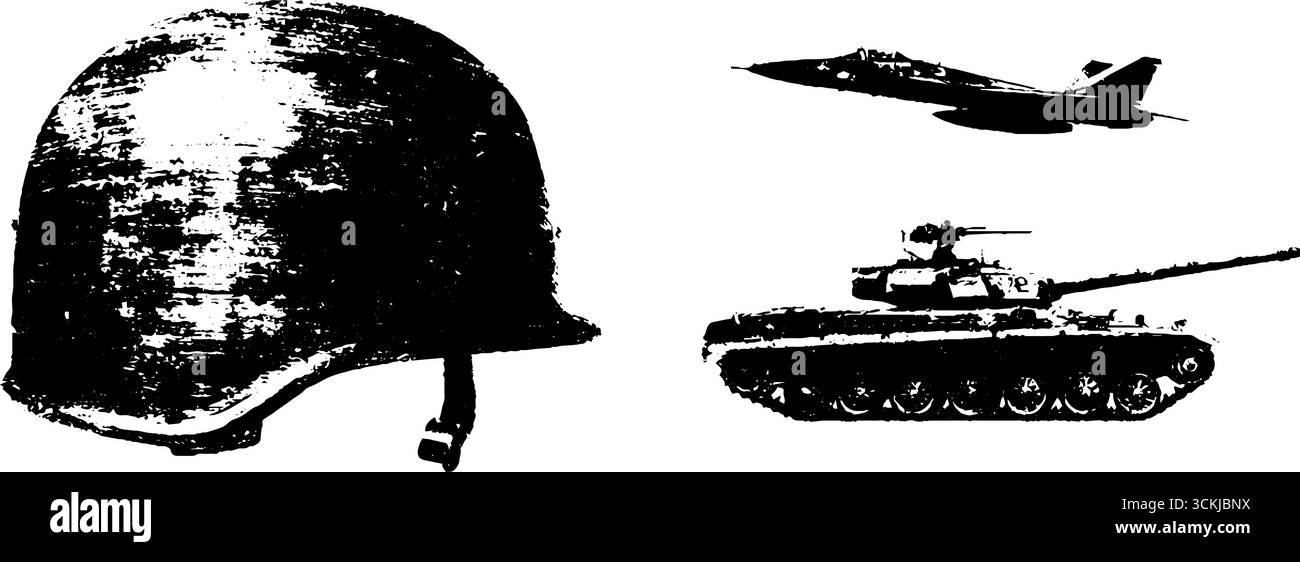 Military stencil art set featuring soldier helmet, tank, and jet for ...