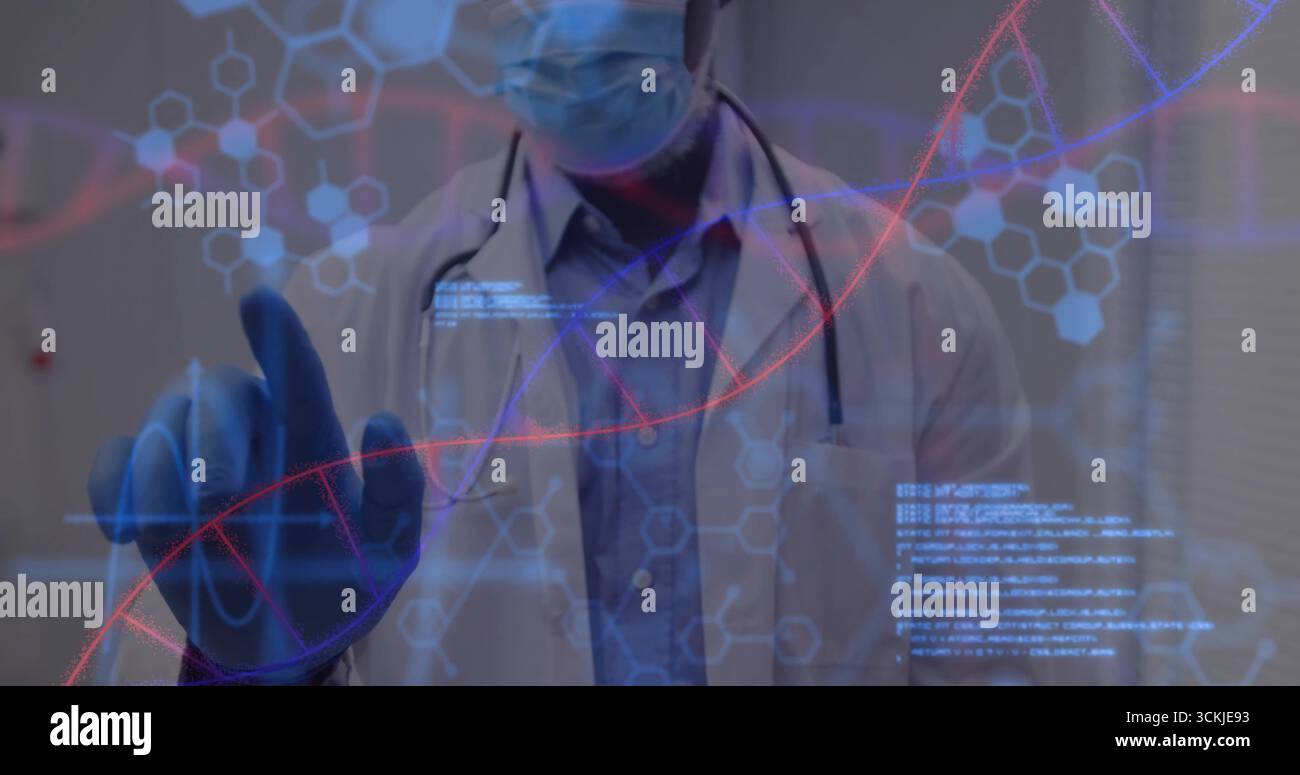 Doctor wearing mask manipulating touchscreen in lab, with stethoscope ...