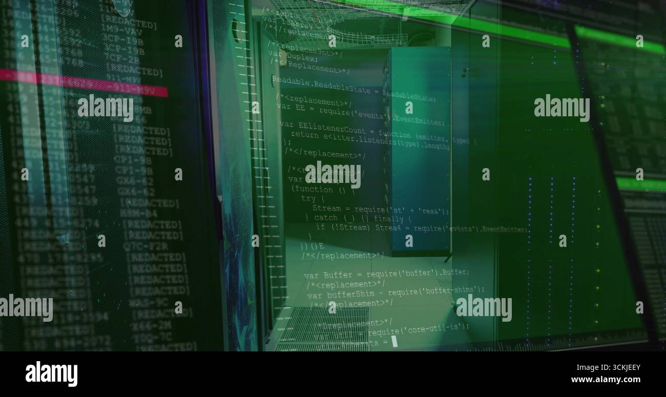 Floating code panels displaying JavaScript modules in virtual data ...
