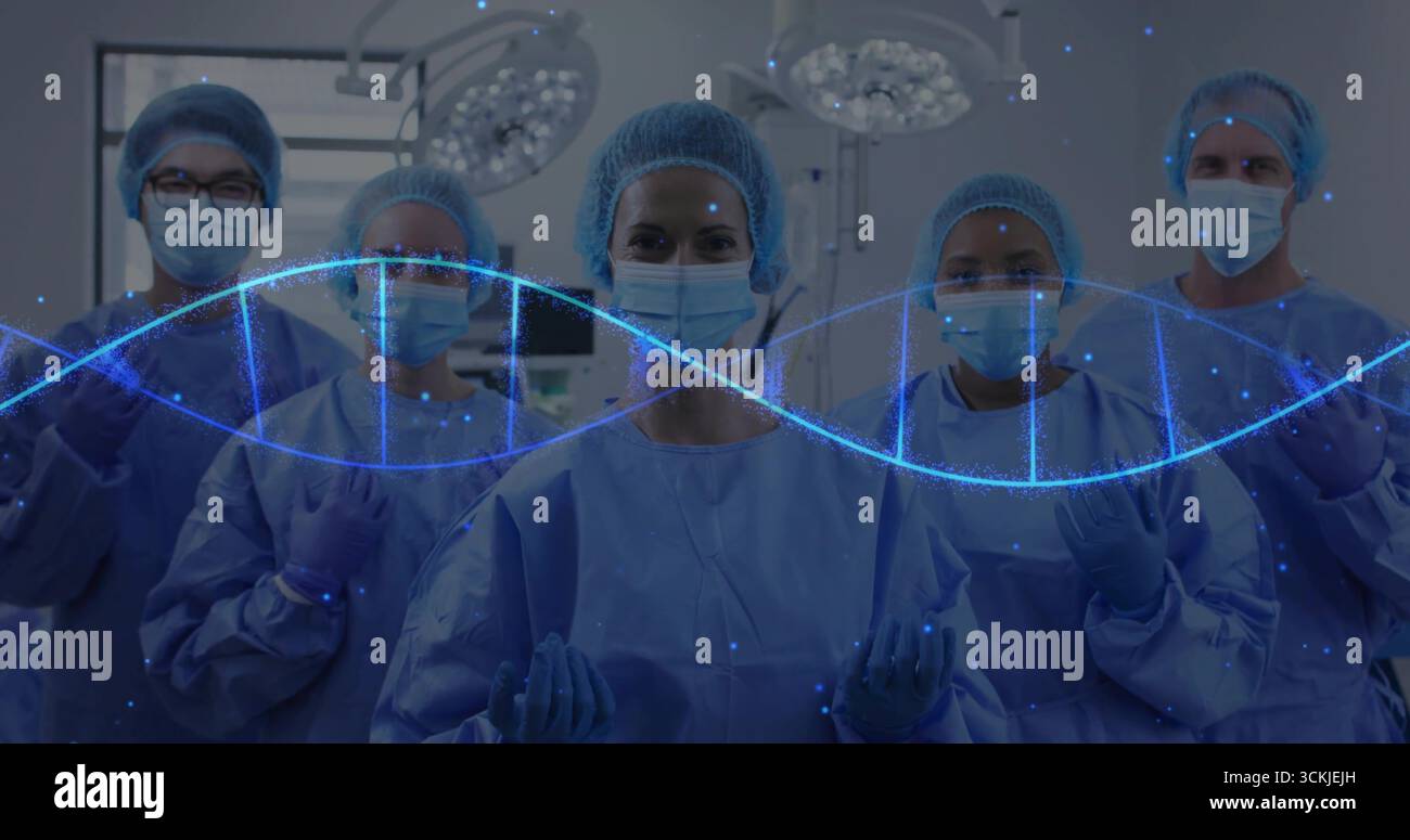Standing five surgeons wearing surgical attire in operating room, with ...