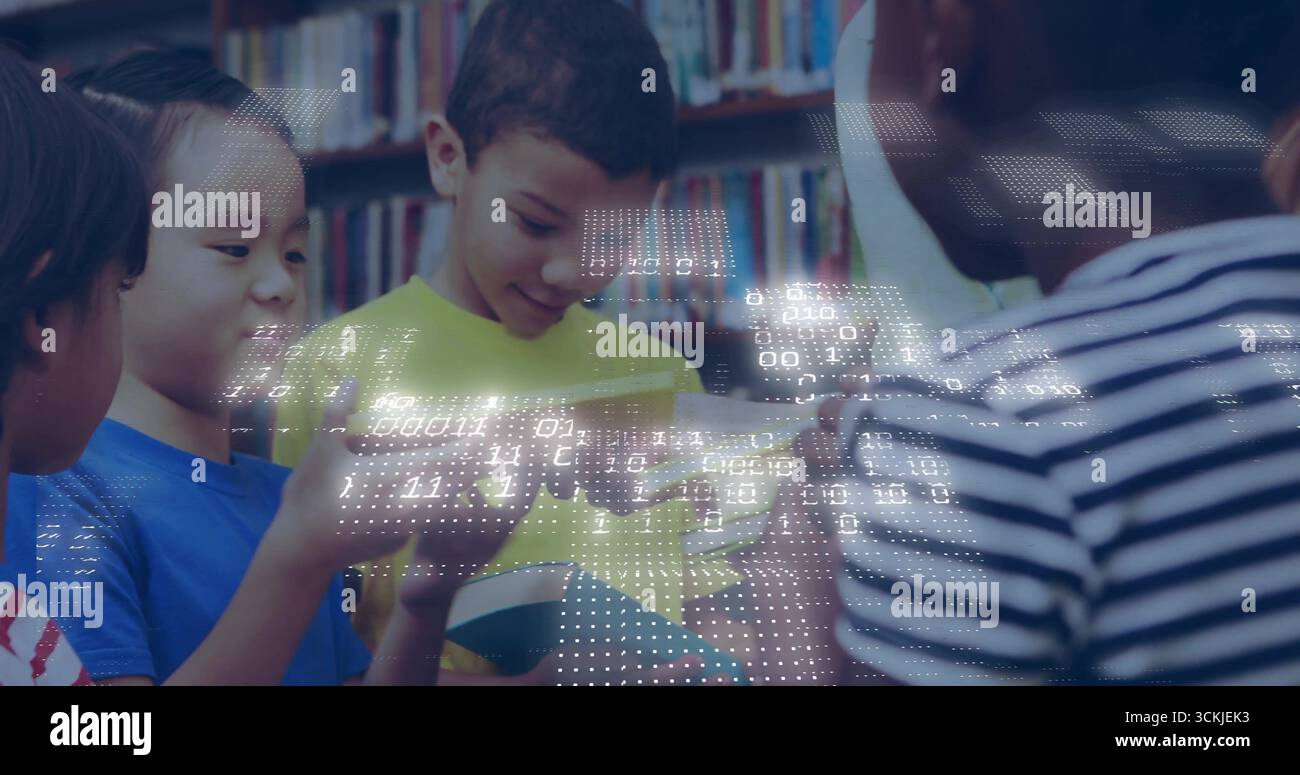 Reading boy in bright yellow T-shirt pointing at open book in library, with binary code overlay ...