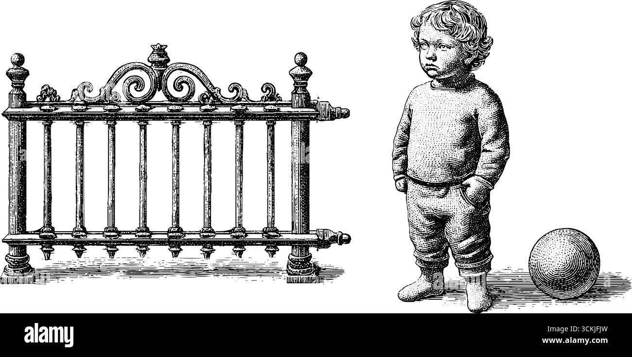 Vintage sketch of child silhouette with gate and ball in engraved style ...