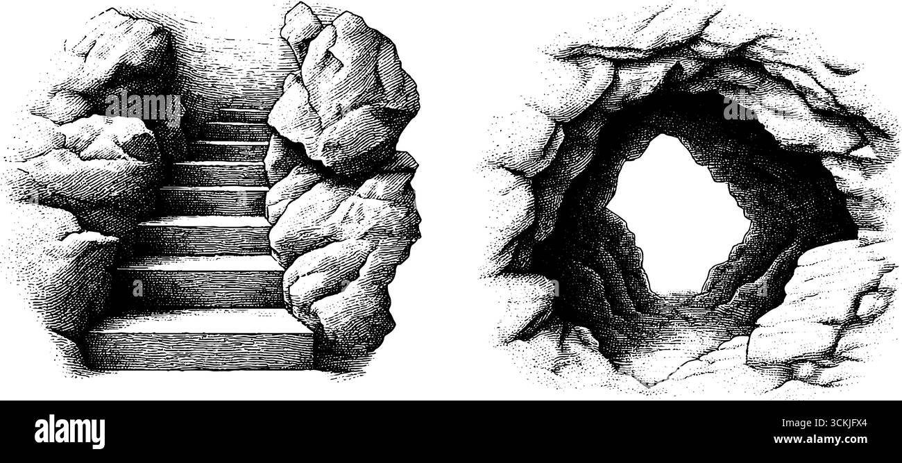 Vintage cliffside staircase and cracked ledge wall silhouette ...