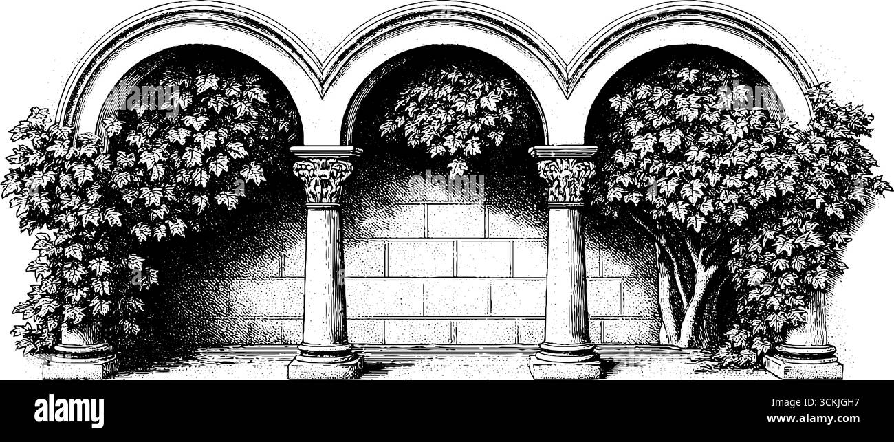 Renaissance courtyard with stone arches and classical columns for ...