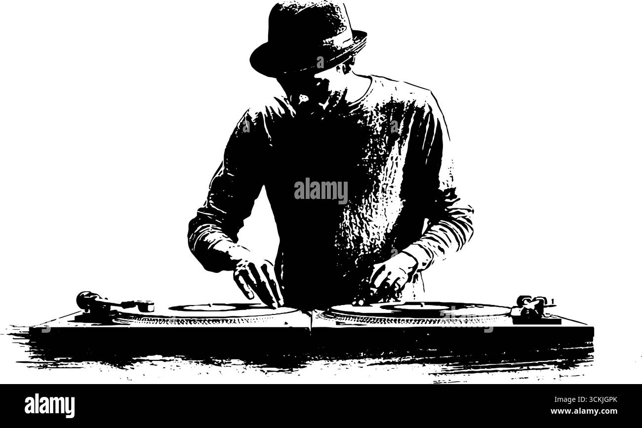 Dj playing music with turntables in black and white stencil art for ...