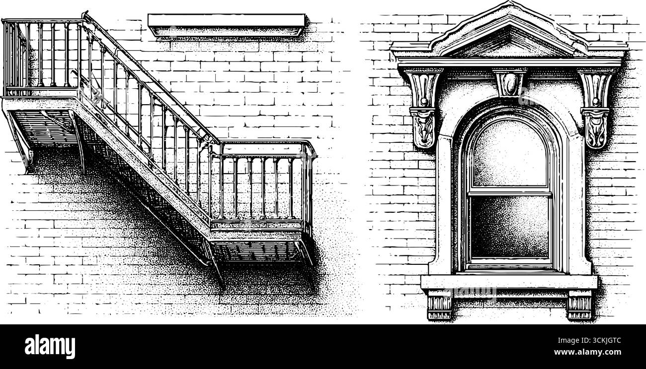 Architectural elements: fire escape and vintage brick wall with window ...