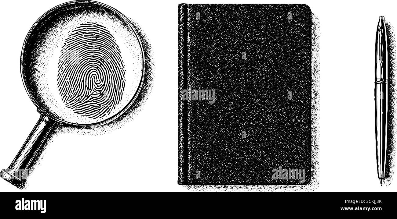 Vintage detective tools: magnifying glass, fingerprint, notebook, and ...
