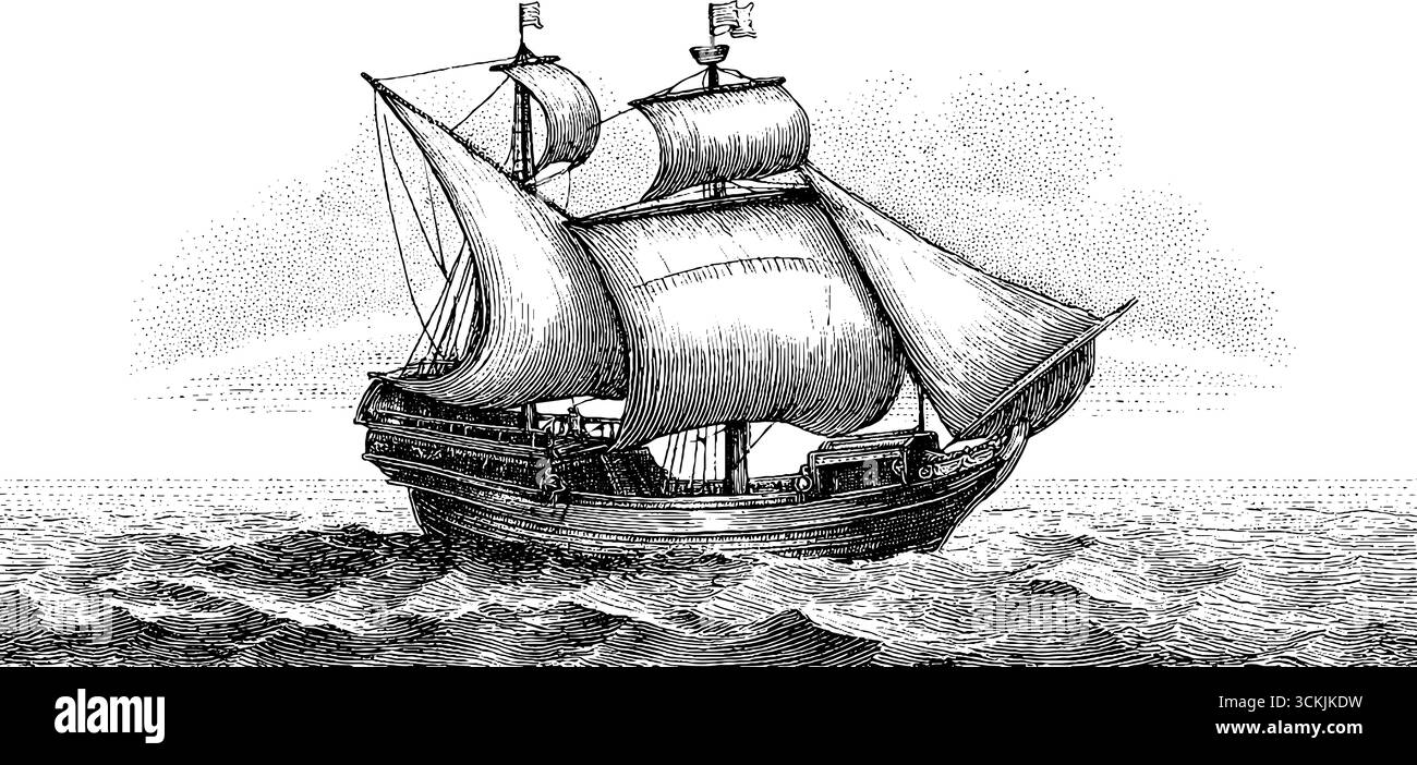 Vintage greek ship with square sail sailing on calm sea - retro ...
