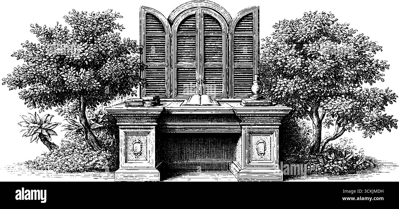 Renaissance chamber with open shutters and tapestry for classic ...