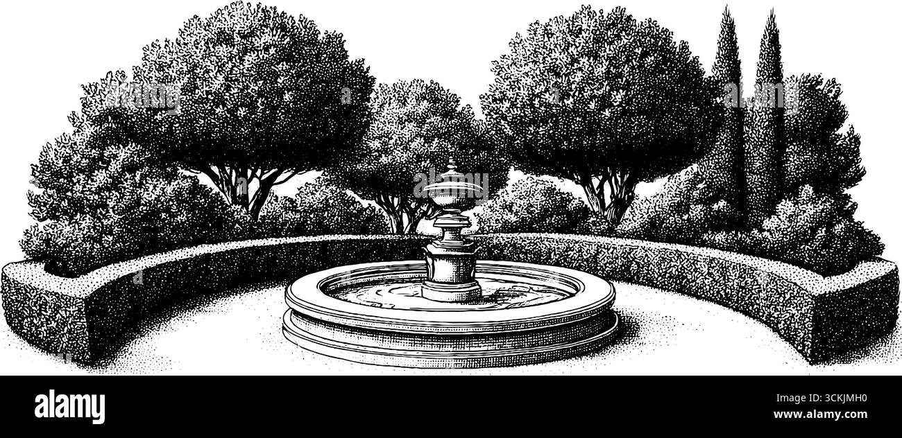 Roman garden with trimmed hedges and central fountain engraving for ...