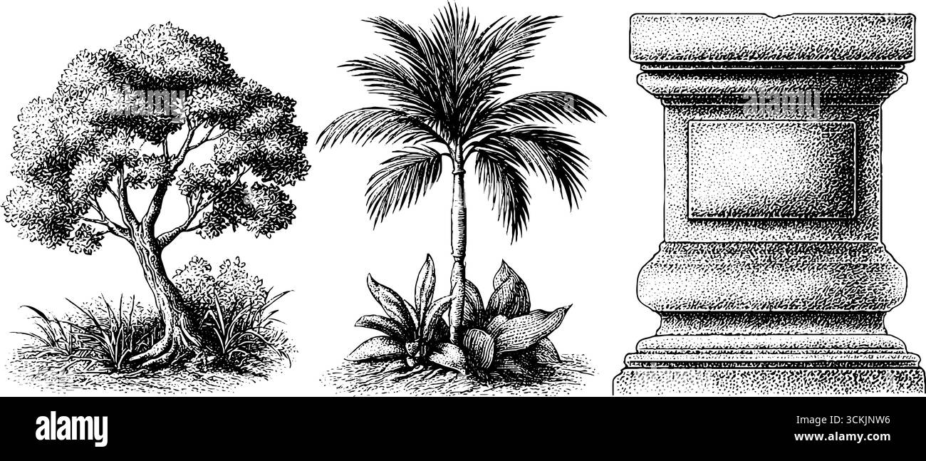 Vintage sketch of trees and stone column for architectural and garden ...