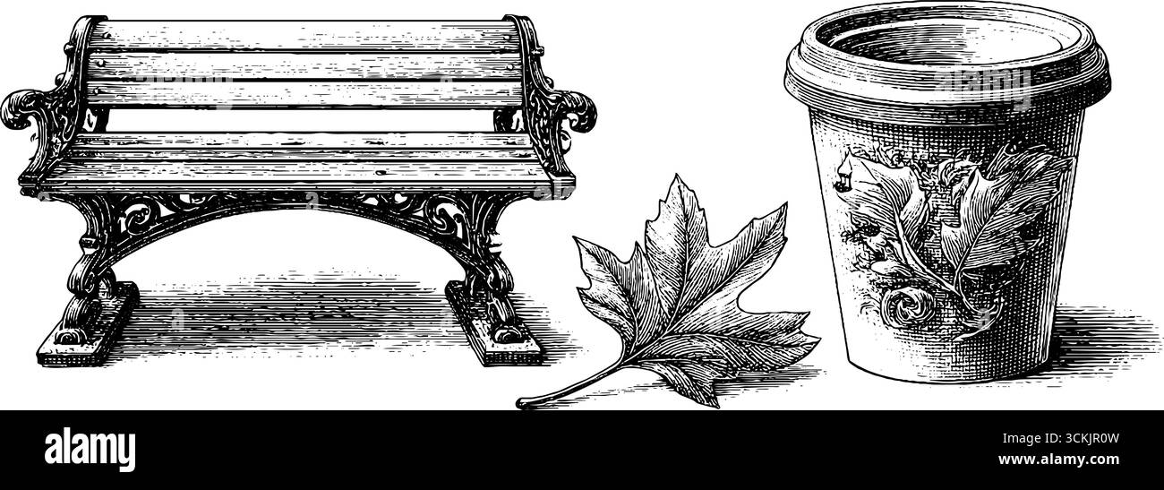 Vintage hand drawn city bench with paper cup and fallen leaf sketch for ...