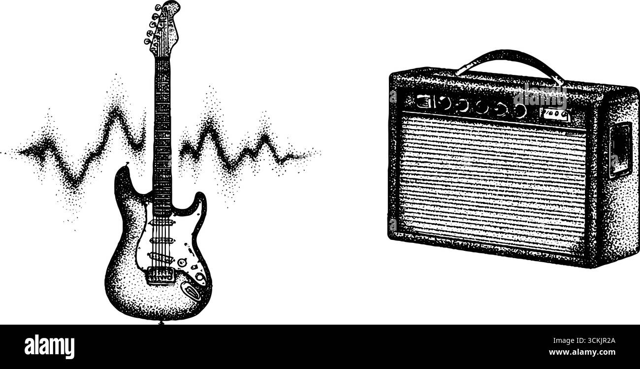 Vintage electric guitar and amplifier with music wave design for retro ...