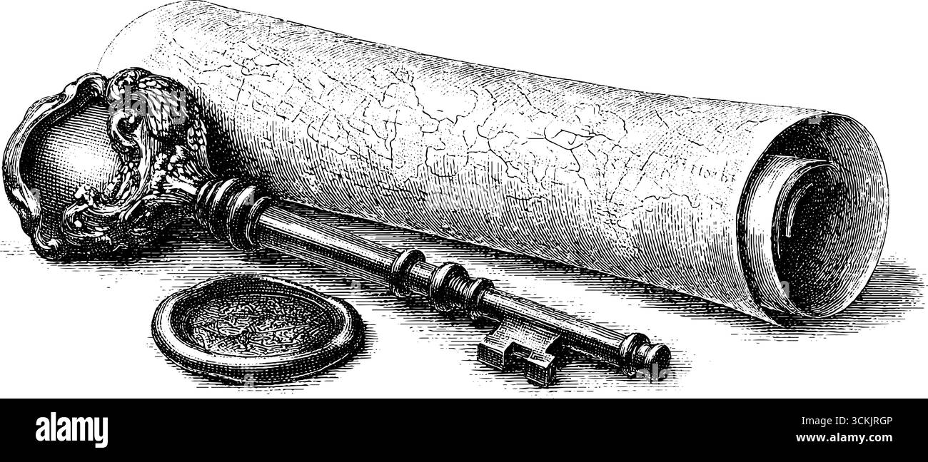 Vintage key with map scroll and wax seal for antique design and retro ...