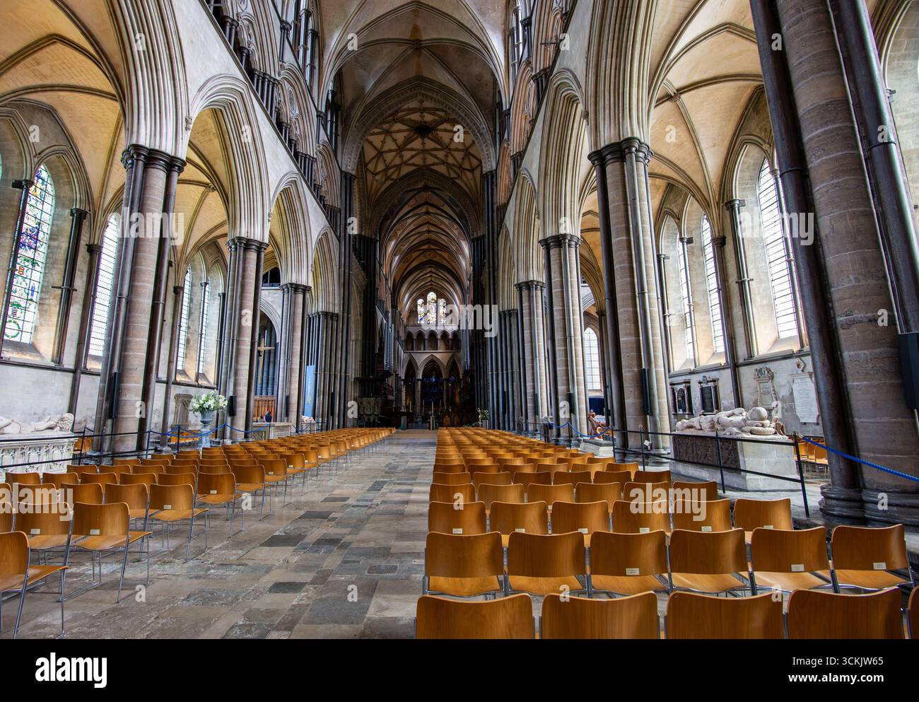 Interior view of a Salisbury cathedral with high ceilings, arched ...