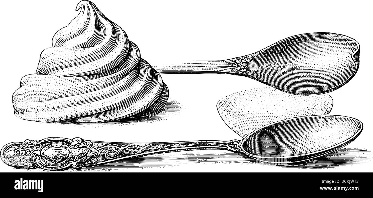 Vintage sketch of mashed potato swirl with ornate serving spoon for ...