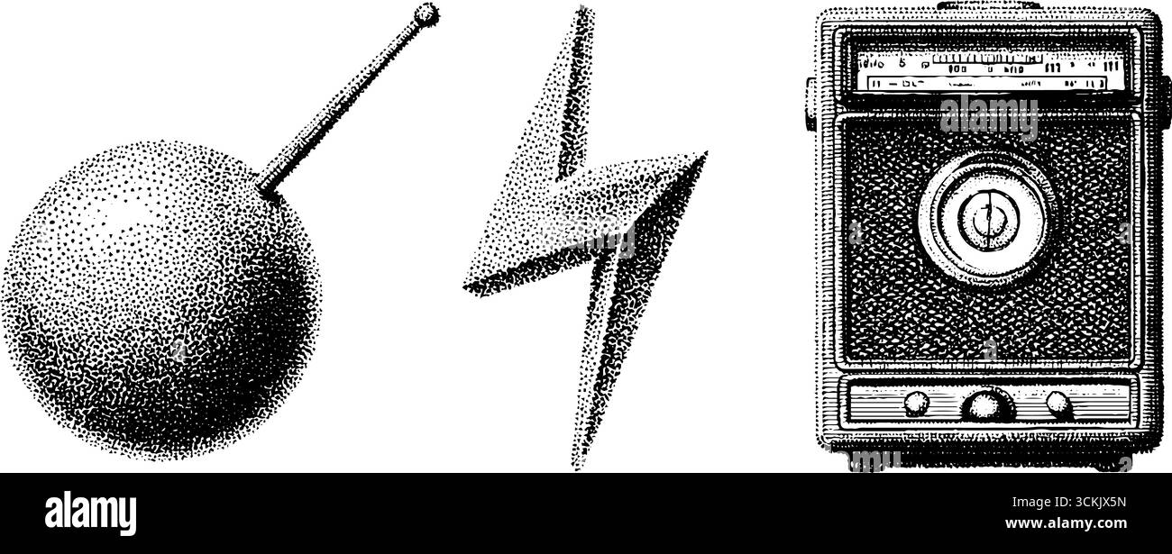 Vintage radio with antenna and lightning bolt symbol for retro design ...