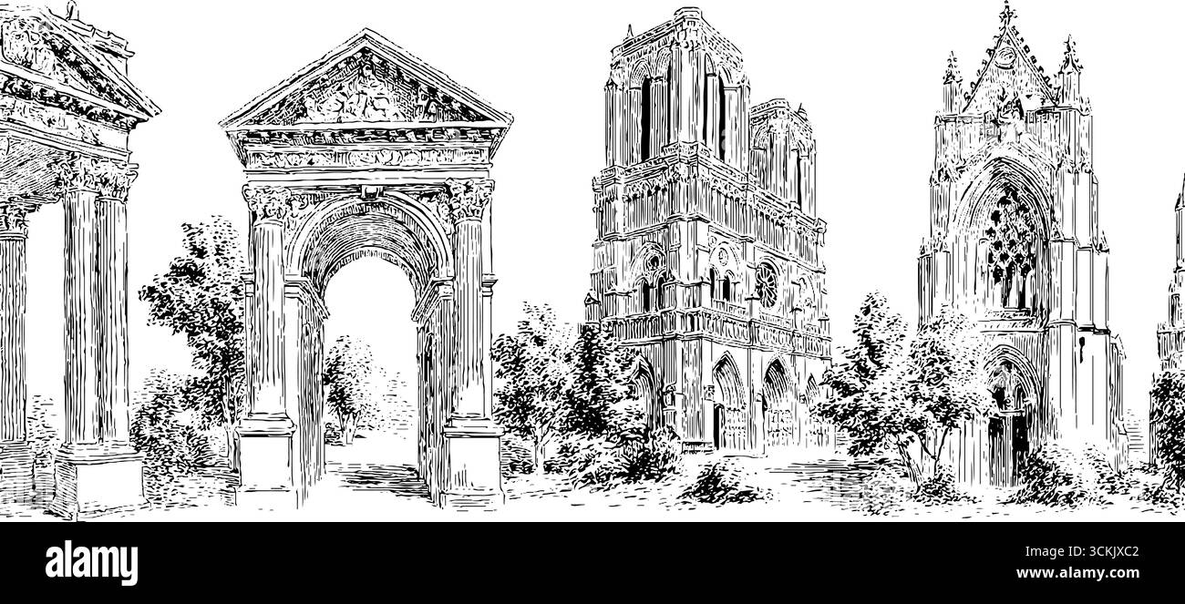 Vintage architectural sketches of classical structures and monuments ...
