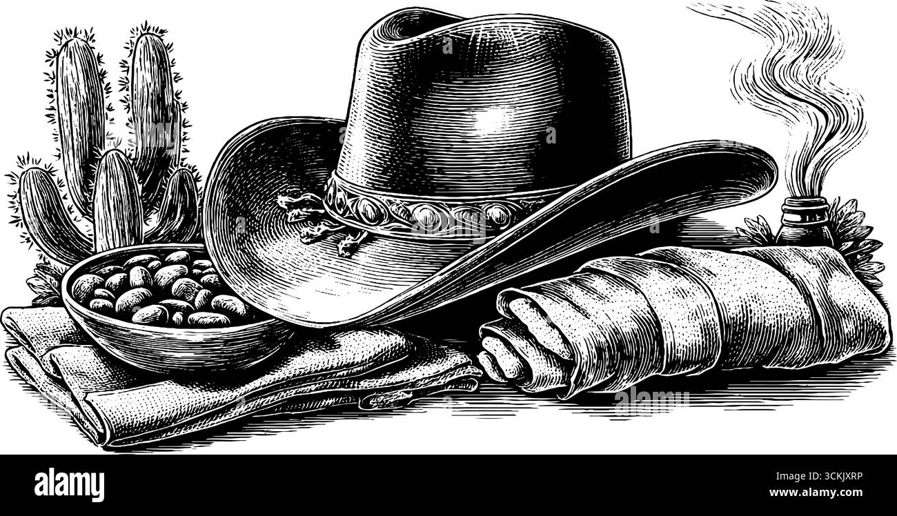 Rustic cowboy still life with hat, beans, and cactus – hand drawn ...