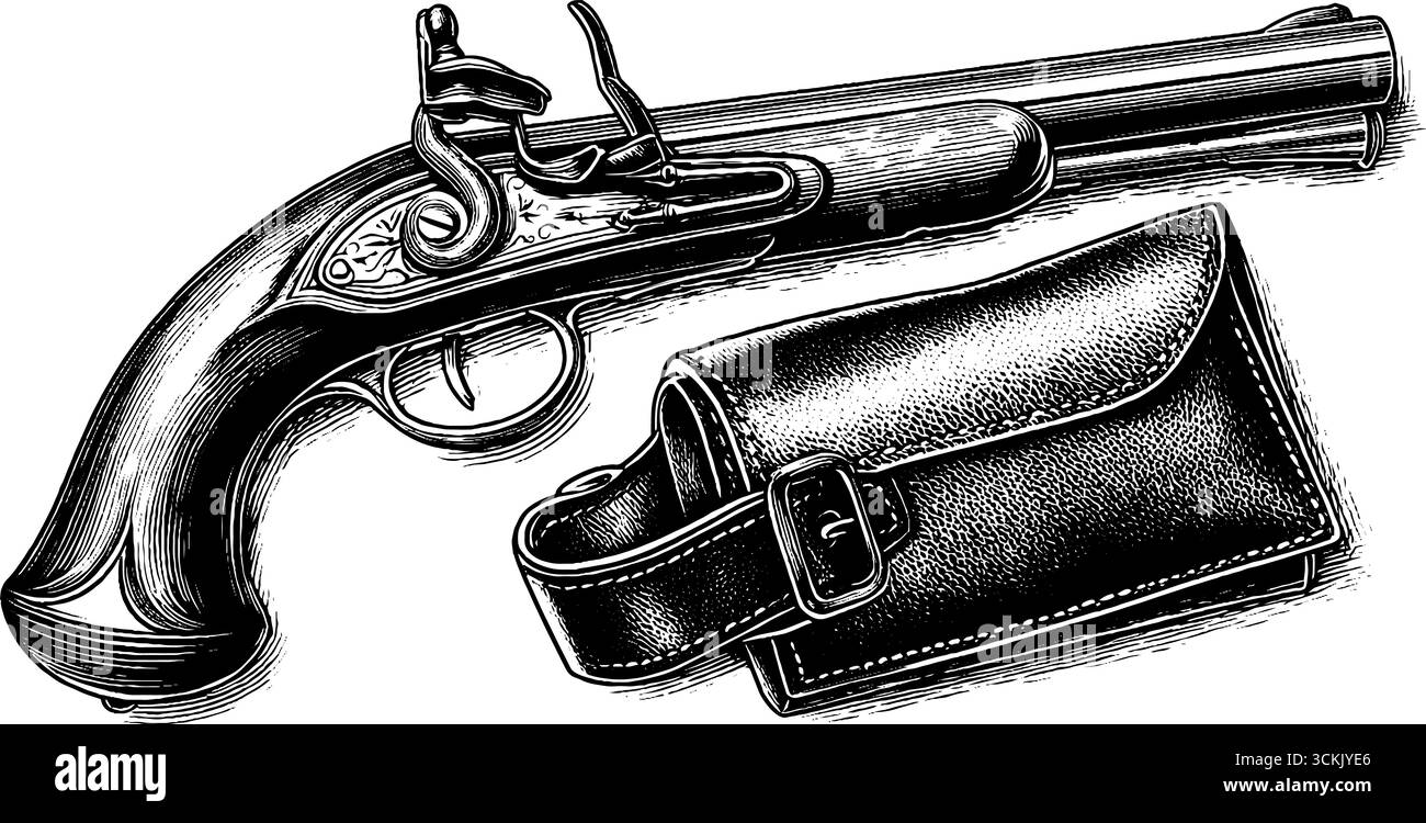 Vintage flintlock pistol and holster engraving – historical weapon and ...
