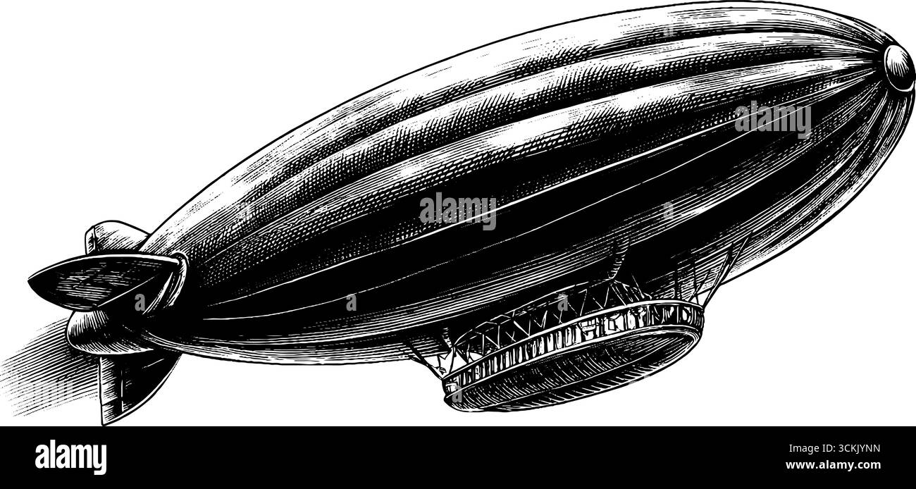 Vintage airship illustration - black and white engraving of steampunk ...