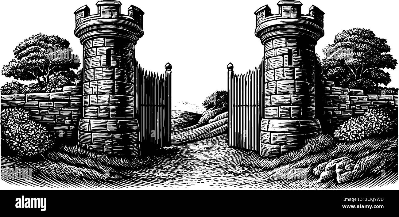 Vintage black and white engraving of fort entrance with towers and ...