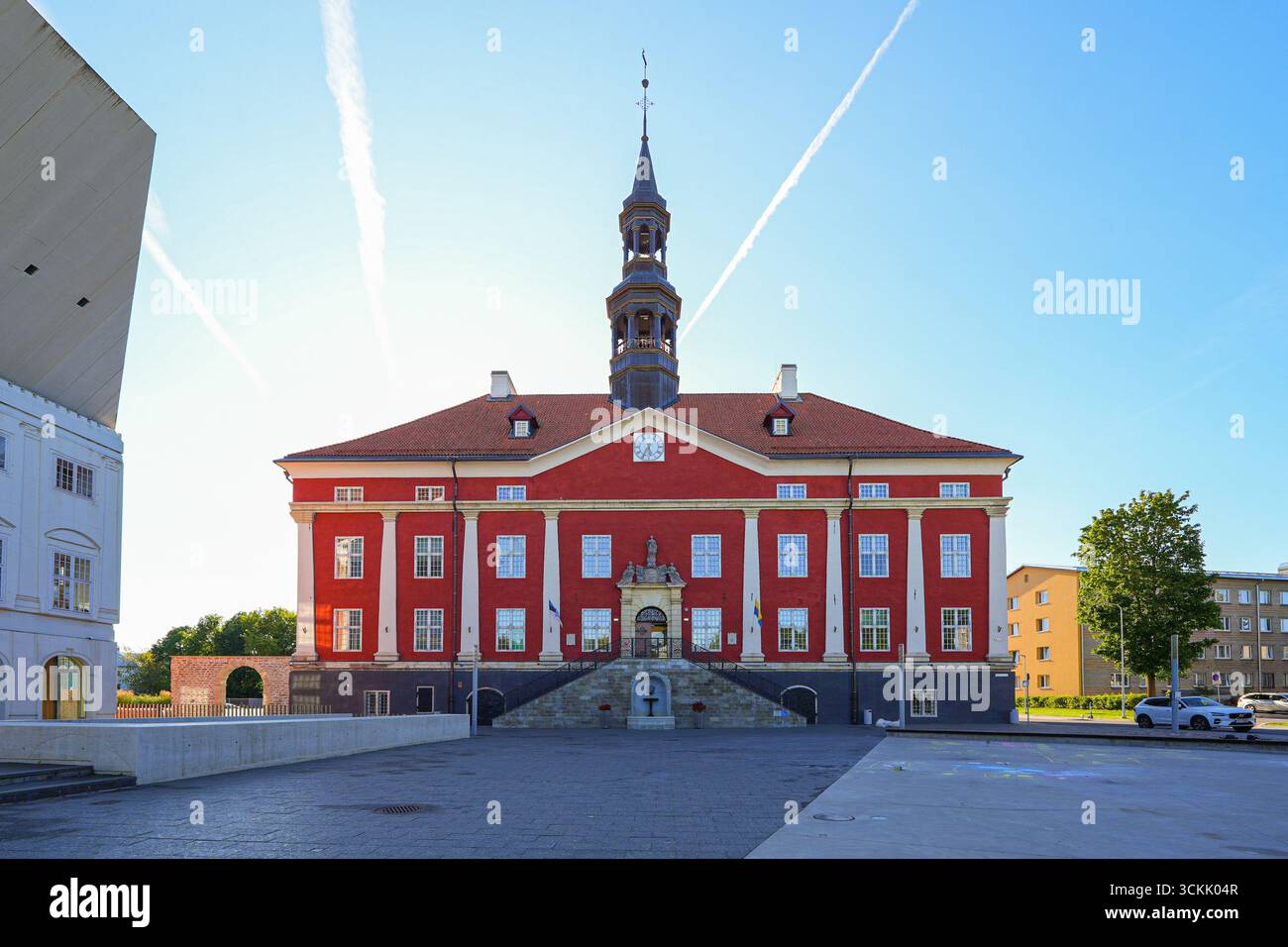 Narva Town Hall, renovated in 2023 with a new red facade, in the ...