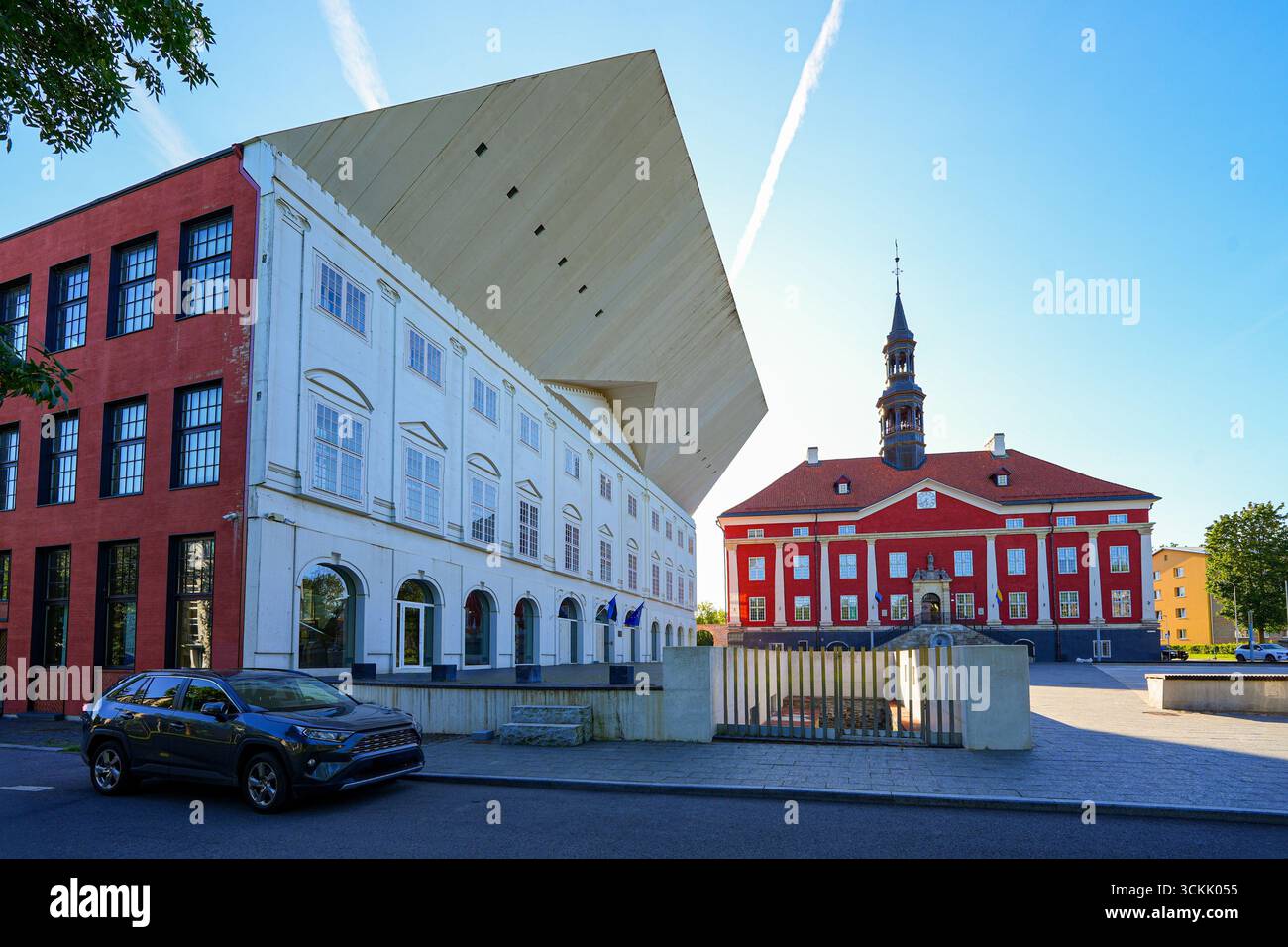 Narva Town Hall, renovated in 2023 with a new red facade, in the ...