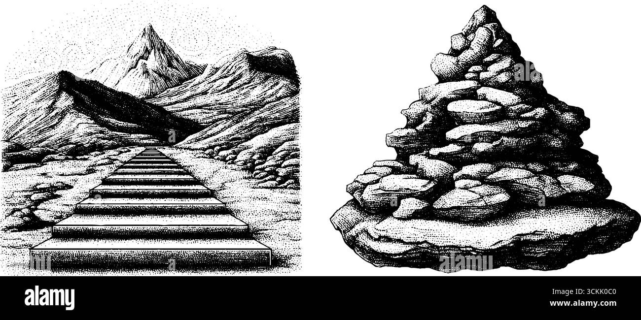 Vintage engraving of stone ramp path and wind carved rock formations ...