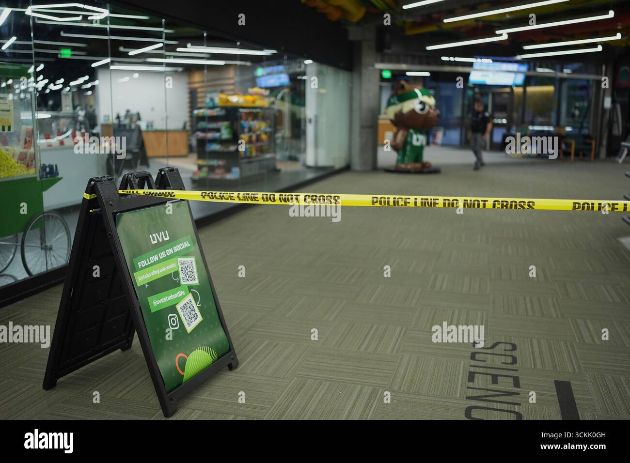 Police tape remains in the lobby inside the Pope Science building ...