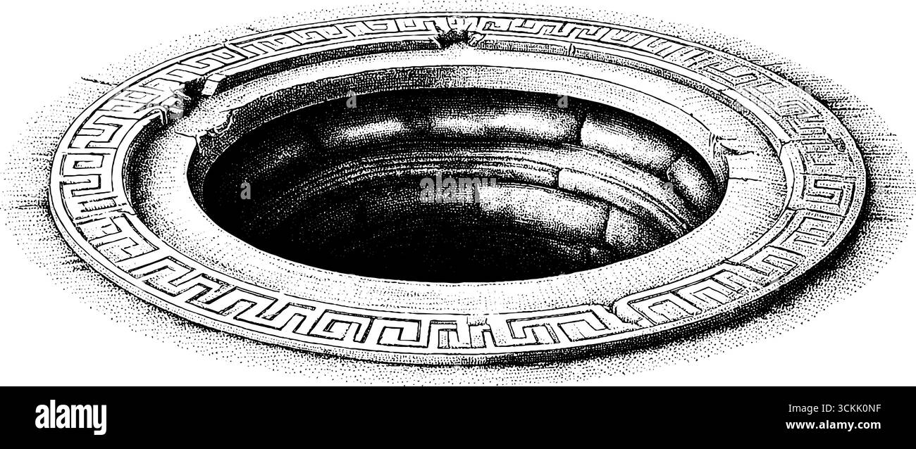 Vintage hand drawn engraving of sunken plaza ring with fractured steps ...