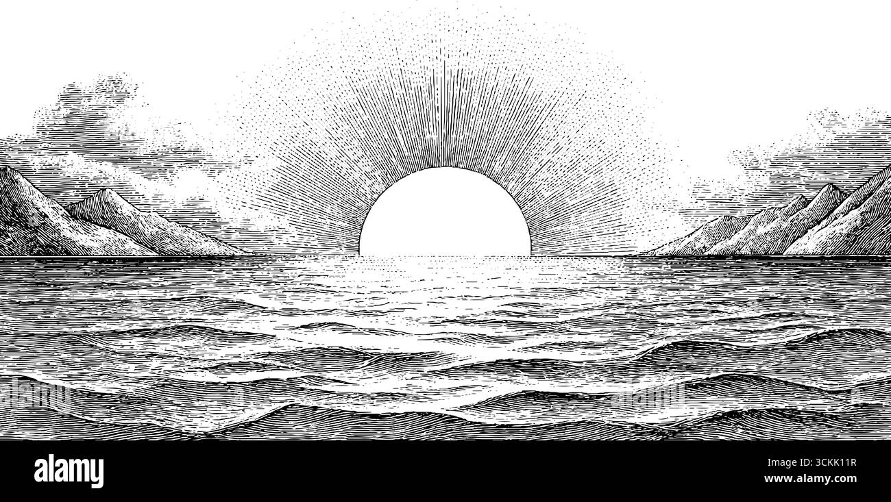 Vintage hand drawn sunrise over ocean with reflections and rippled ...
