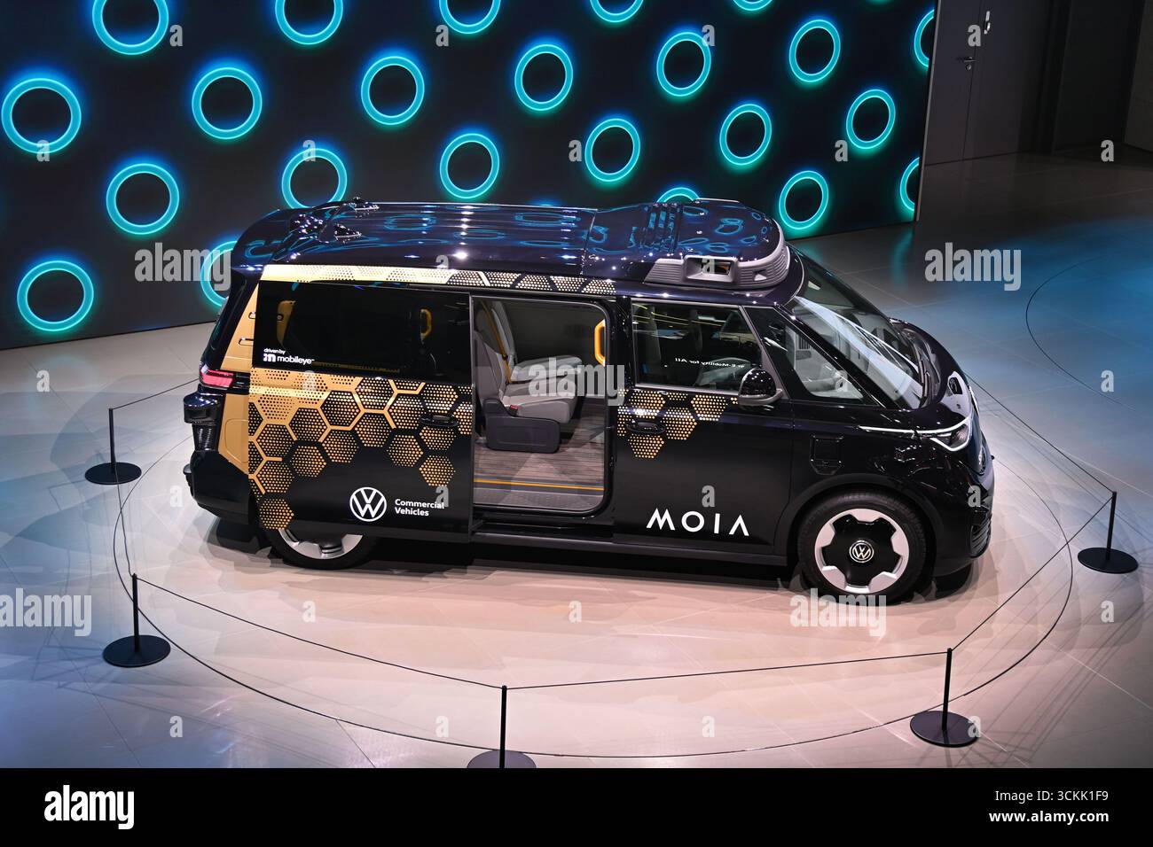 Volkswagen VW booth. MOIA, ID.Buzz, represents autonomous driving in ...