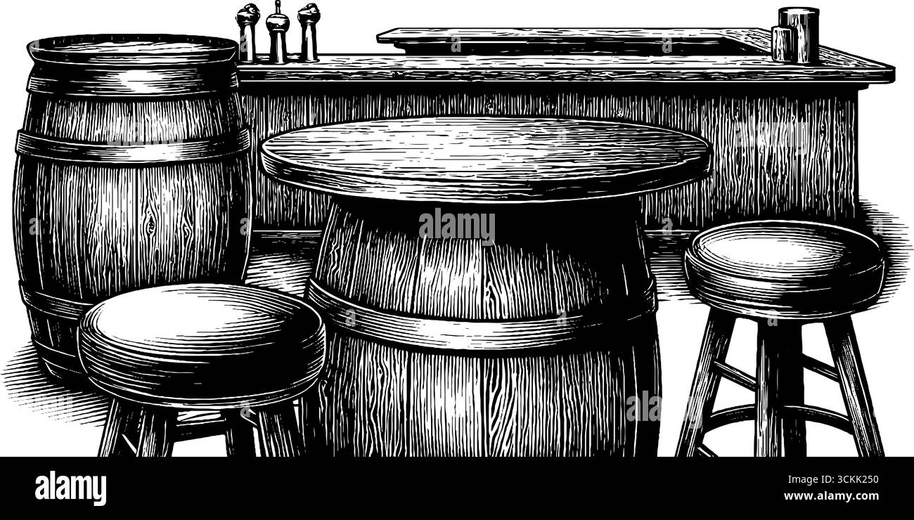 Vintage bar setting with wooden barrels and stools in black and white ...