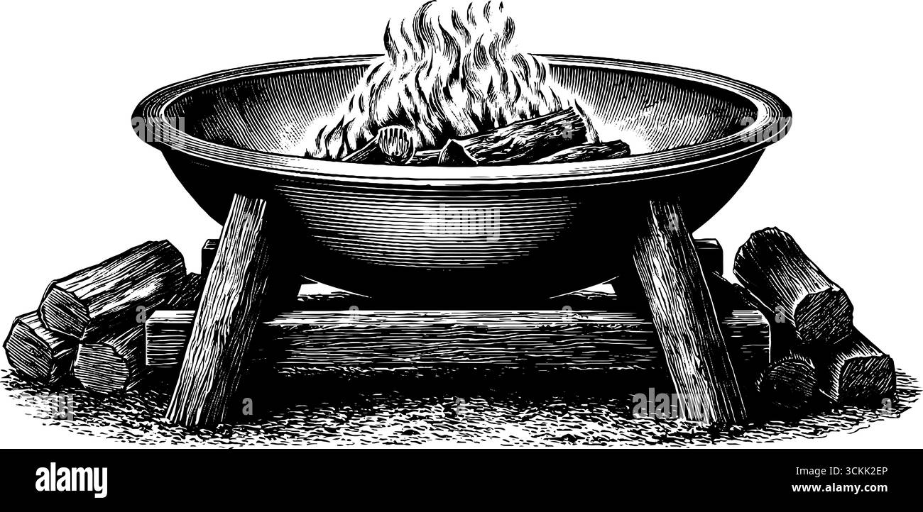 Vintage hand drawn engraving of a black and white fire pit scene with ...