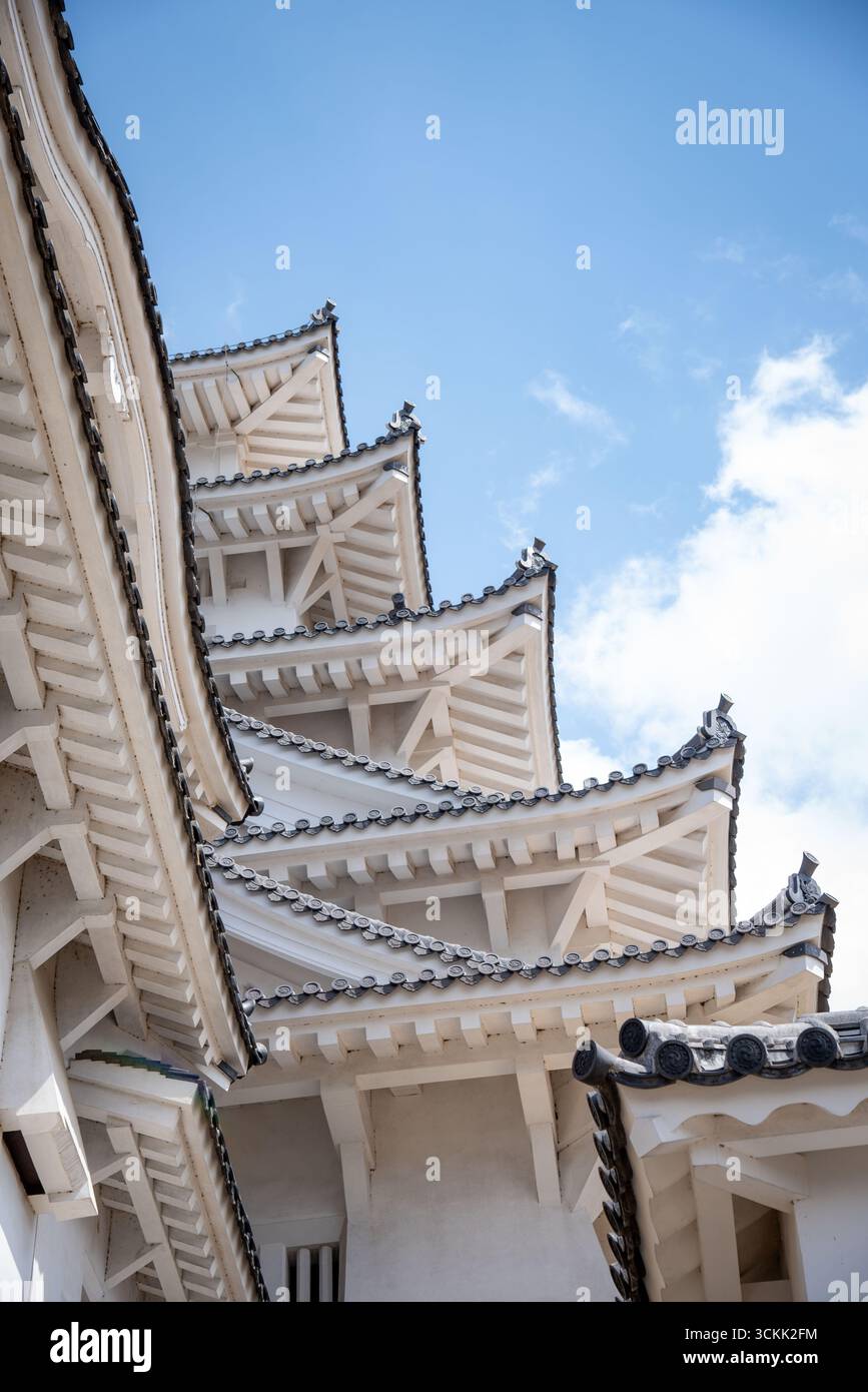 Upward View of Himeji Castle Roof Layers. Angled perspective of Himeji ...