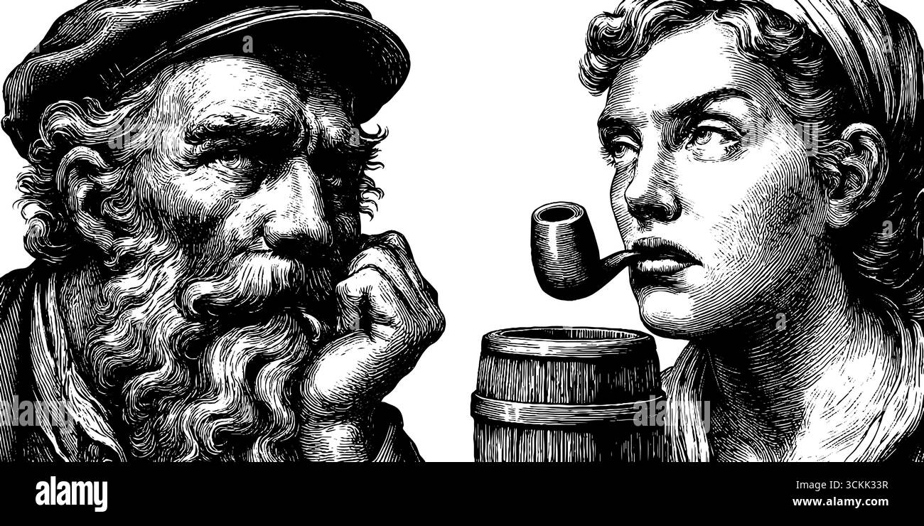 Vintage engraving of philosophical reflection and pipe smoking portrait ...