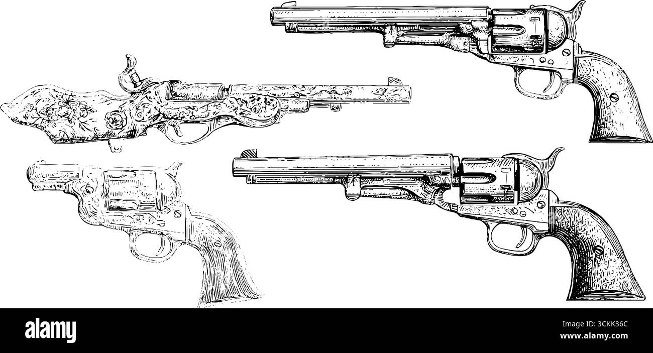 Vintage cava revolver engravings: antique firearm illustrations for ...