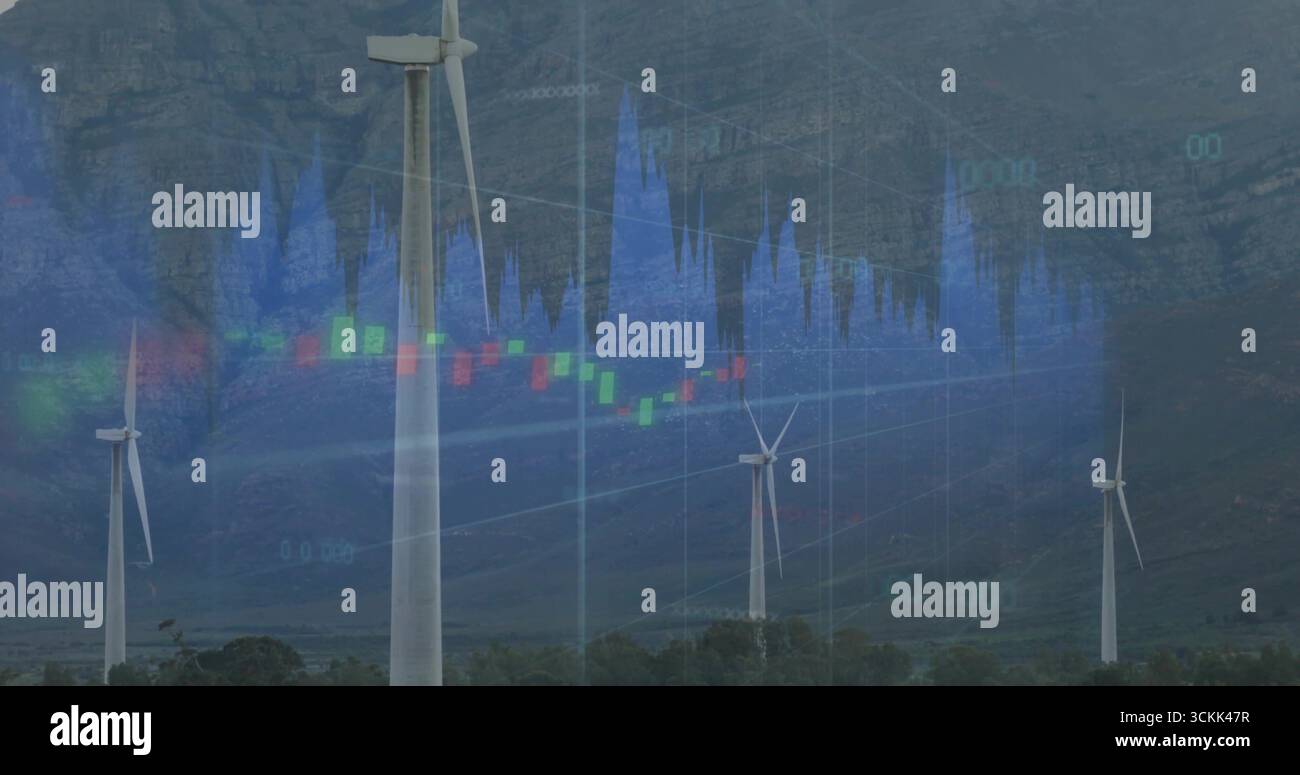 Showing white wind turbine spinning at cliff base, with green red bars ...