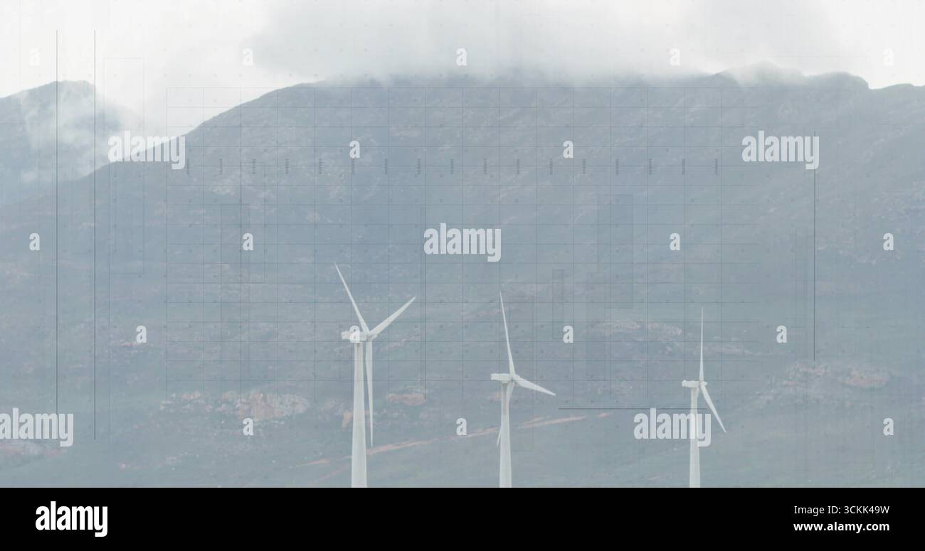Standing three wind turbines rotating blades on mountain hillside, with ...