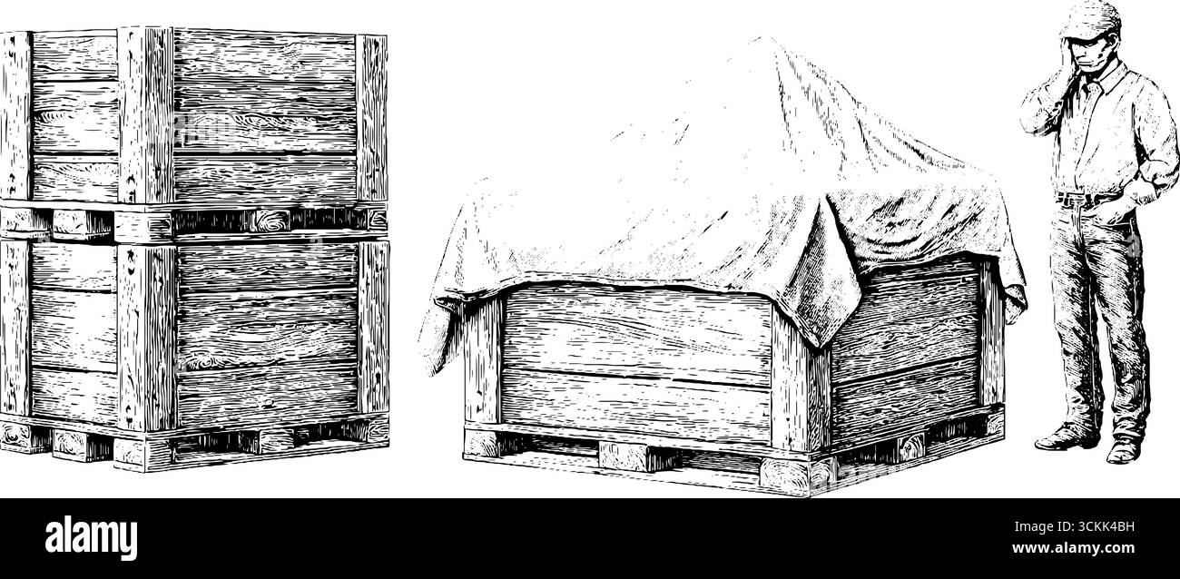 Engraved illustration of stacked apple crates with worker and covered ...
