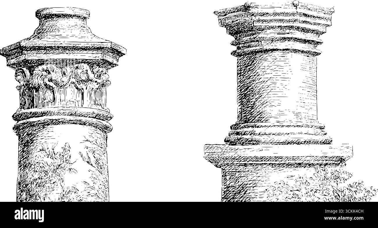 Vintage hand drawn black and white engravings of architectural columns ...